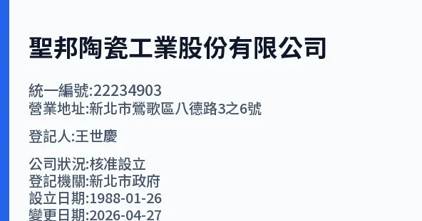 聖邦陶瓷工業股份有限公司的照片-統編 22234903(新北市) 公司登記資料與營業項目詳細圖表