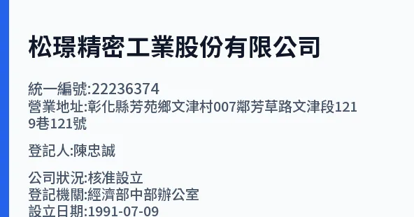 松璟精密工業股份有限公司的照片-統編 22236374(彰化縣) 公司登記資料與營業項目詳細圖表