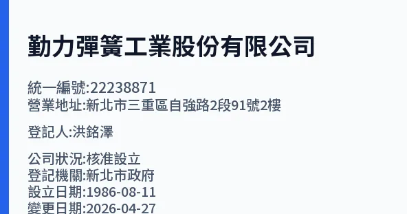 勤力彈簧工業股份有限公司的照片-統編 22238871(新北市) 公司登記資料與營業項目詳細圖表