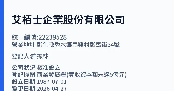 艾栢士企業股份有限公司的照片-統編 22239528(彰化縣) 公司登記資料與營業項目詳細圖表