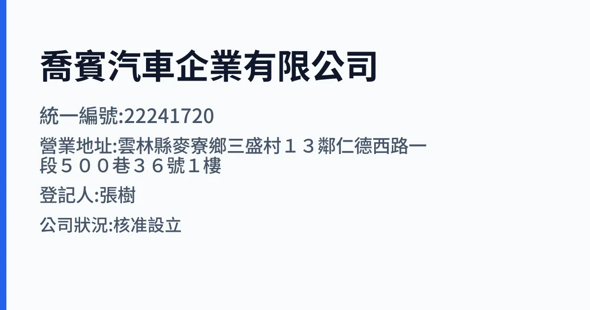 喬賓汽車企業有限公司 - 統編 22241720(雲林縣) 公司登記資料與營業項目詳細圖表