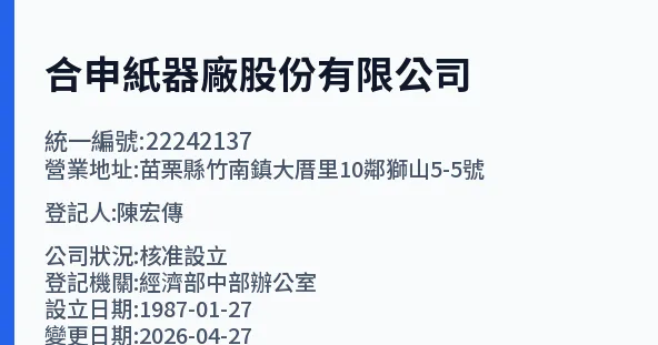 合申紙器廠股份有限公司的照片-統編 22242137(苗栗縣) 公司登記資料與營業項目詳細圖表