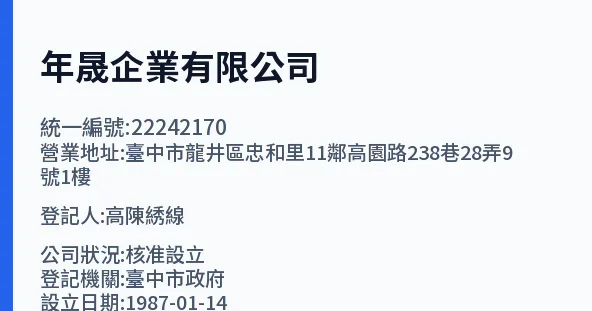 年晟企業有限公司的照片-統編 22242170(臺中市) 公司登記資料與營業項目詳細圖表