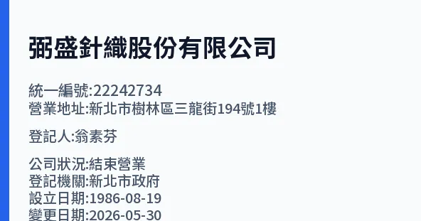 弼盛針織股份有限公司的照片-統編 22242734(新北市) 公司登記資料與營業項目詳細圖表