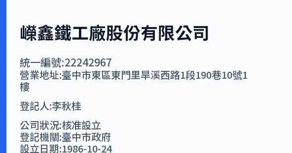 嶸鑫鐵工廠股份有限公司的照片-統編 22242967(臺中市) 公司登記資料與營業項目詳細圖表
