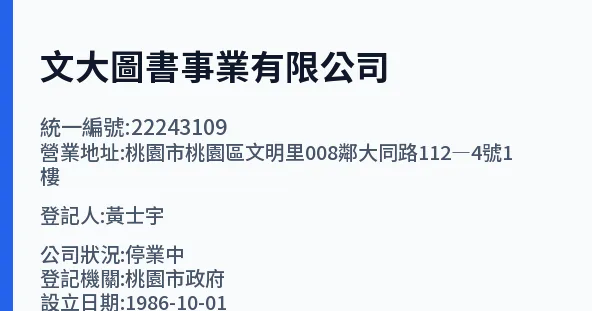 文大圖書事業有限公司的照片-統編 22243109(桃園市) 公司登記資料與營業項目詳細圖表