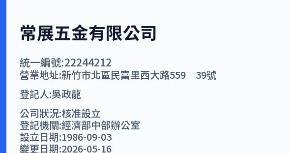 常展五金有限公司的照片-統編 22244212(新竹市) 公司登記資料與營業項目詳細圖表