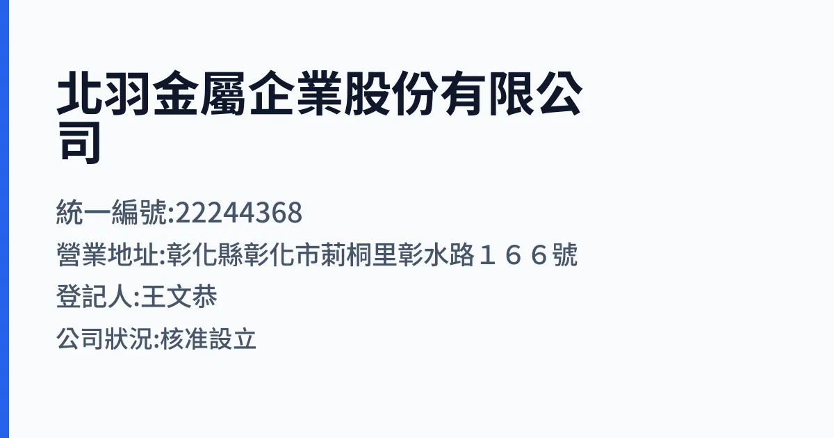 北羽金屬企業股份有限公司 - 統編 22244368(彰化縣) 公司登記資料與營業項目詳細圖表