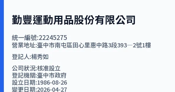 勤豐運動用品股份有限公司的照片-統編 22245275(臺中市) 公司登記資料與營業項目詳細圖表