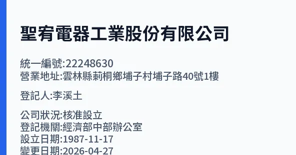 聖宥電器工業股份有限公司的照片-統編 22248630(雲林縣) 公司登記資料與營業項目詳細圖表