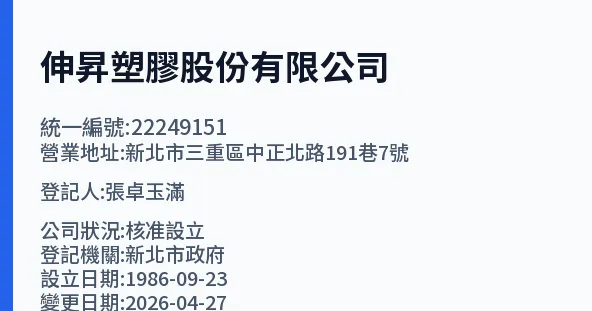 伸昇塑膠股份有限公司的照片-統編 22249151(新北市) 公司登記資料與營業項目詳細圖表