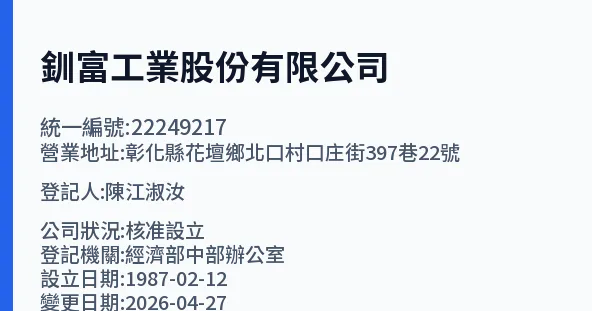 釧富工業股份有限公司的照片-統編 22249217(彰化縣) 公司登記資料與營業項目詳細圖表