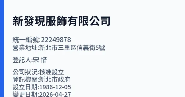 新發現服飾有限公司的照片-統編 22249878(新北市) 公司登記資料與營業項目詳細圖表