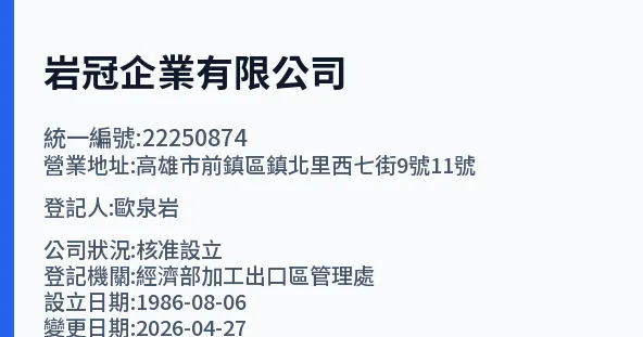 岩冠企業有限公司的照片-統編 22250874(高雄市) 公司登記資料與營業項目詳細圖表