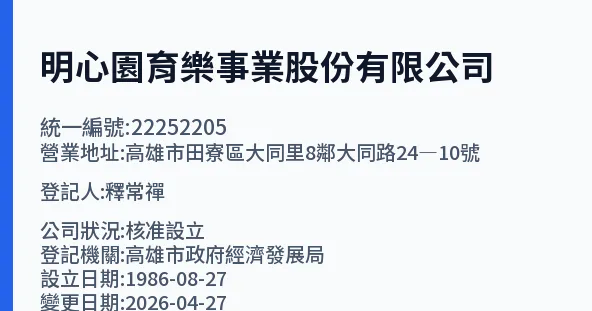明心園育樂事業股份有限公司的照片-統編 22252205(高雄市) 公司登記資料與營業項目詳細圖表