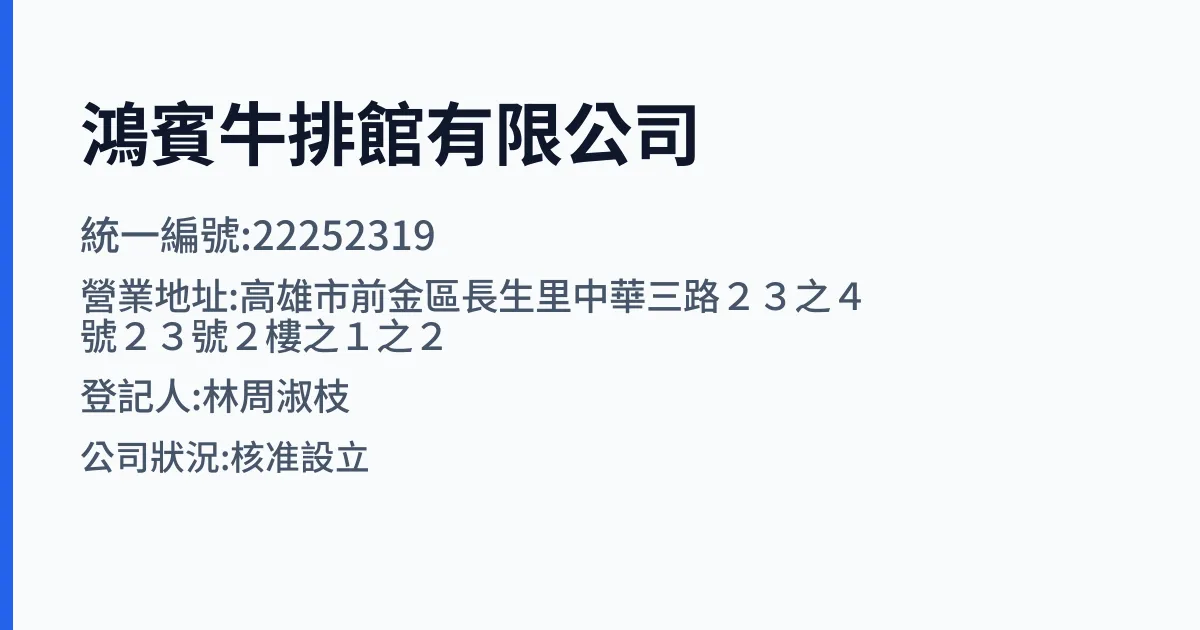 鴻賓牛排館有限公司 - 統編 22252319(高雄市) 公司登記資料與營業項目詳細圖表