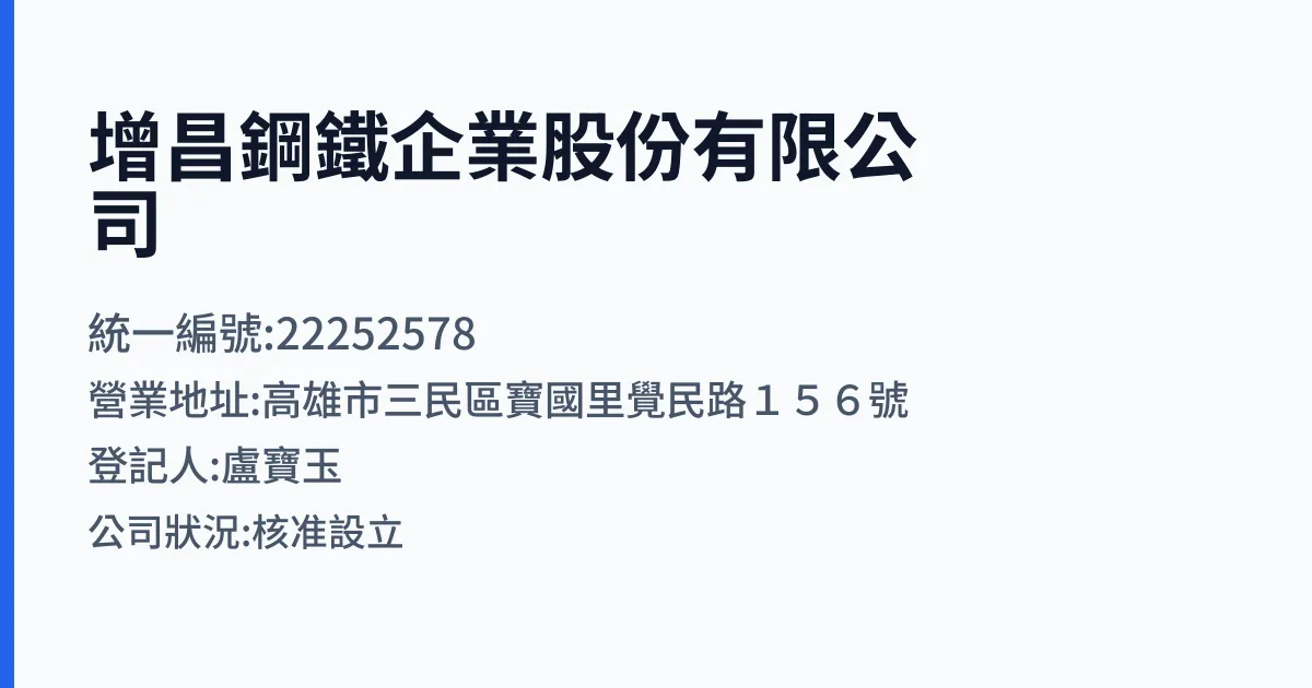 增昌鋼鐵企業股份有限公司 - 統編 22252578(高雄市) 公司登記資料與營業項目詳細圖表