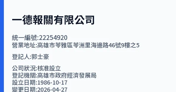 一德報關有限公司的照片-統編 22254920(高雄市) 公司登記資料與營業項目詳細圖表