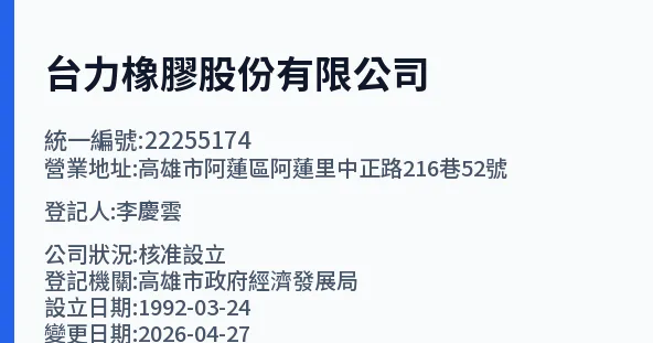 台力橡膠股份有限公司的照片-統編 22255174(高雄市) 公司登記資料與營業項目詳細圖表
