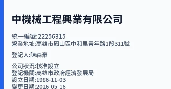 中機械工程興業有限公司的照片-統編 22256315(高雄市) 公司登記資料與營業項目詳細圖表