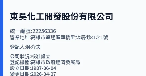 東吳化工開發股份有限公司的照片-統編 22256336(高雄市) 公司登記資料與營業項目詳細圖表