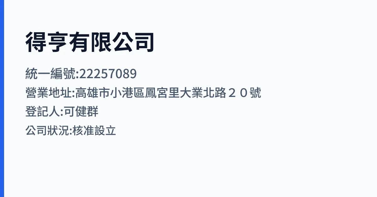 得亨有限公司 - 統編 22257089(高雄市) 公司登記資料與營業項目詳細圖表