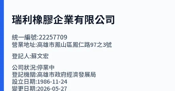 瑞利橡膠企業有限公司的照片-統編 22257709(高雄市) 公司登記資料與營業項目詳細圖表