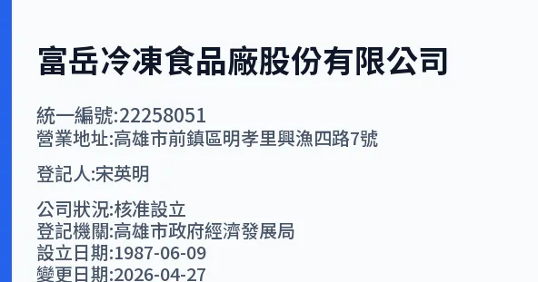 富岳冷凍食品廠股份有限公司的照片-統編 22258051(高雄市) 公司登記資料與營業項目詳細圖表