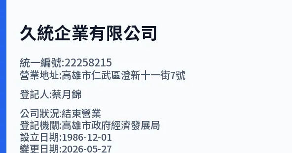 久統企業有限公司的照片-統編 22258215(高雄市) 公司登記資料與營業項目詳細圖表