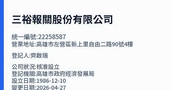 三裕報關股份有限公司的照片-統編 22258587(高雄市) 公司登記資料與營業項目詳細圖表