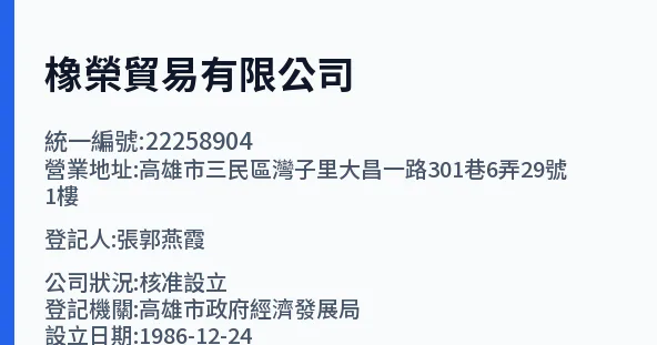 橡榮貿易有限公司的照片-統編 22258904(高雄市) 公司登記資料與營業項目詳細圖表