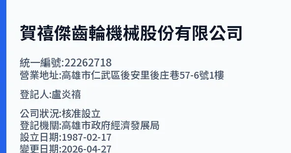 賀禧傑齒輪機械股份有限公司的照片-統編 22262718(高雄市) 公司登記資料與營業項目詳細圖表