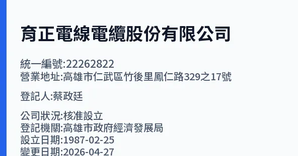 育正電線電纜股份有限公司的照片-統編 22262822(高雄市) 公司登記資料與營業項目詳細圖表