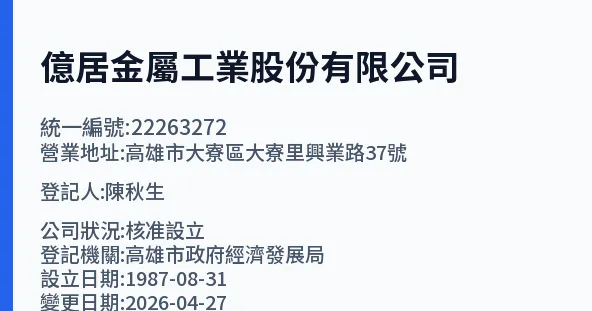 億居金屬工業股份有限公司的照片-統編 22263272(高雄市) 公司登記資料與營業項目詳細圖表
