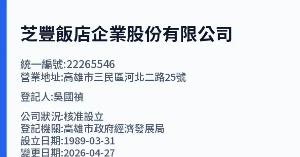 芝豐飯店企業股份有限公司的照片-統編 22265546(高雄市) 公司登記資料與營業項目詳細圖表