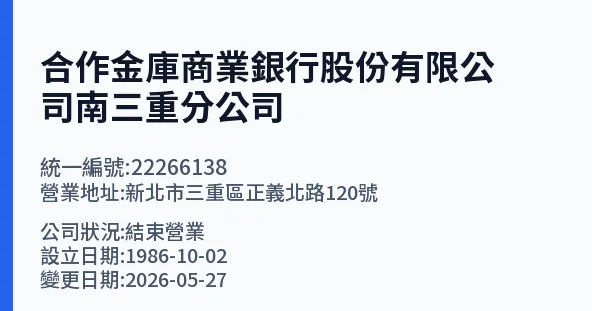 合作金庫商業銀行股份有限公司南三重分公司的照片-統編 22266138(新北市) 公司登記資料與營業項目詳細圖表