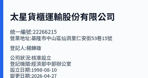 太星貨櫃運輸股份有限公司的照片-統編 22266215(基隆市) 公司登記資料與營業項目詳細圖表