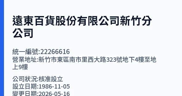 遠東百貨股份有限公司新竹分公司的照片-統編 22266616(新竹市) 公司登記資料與營業項目詳細圖表