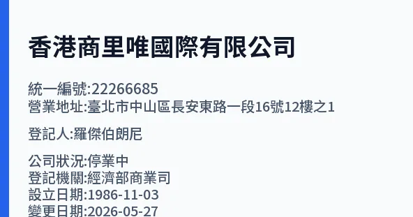 香港商里唯國際有限公司的照片-統編 22266685(臺北市) 公司登記資料與營業項目詳細圖表