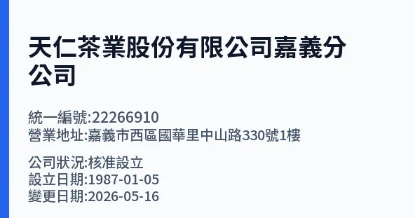天仁茶業股份有限公司嘉義分公司的照片-統編 22266910(嘉義市) 公司登記資料與營業項目詳細圖表
