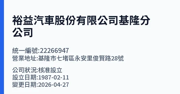 裕益汽車股份有限公司基隆分公司的照片-統編 22266947(基隆市) 公司登記資料與營業項目詳細圖表