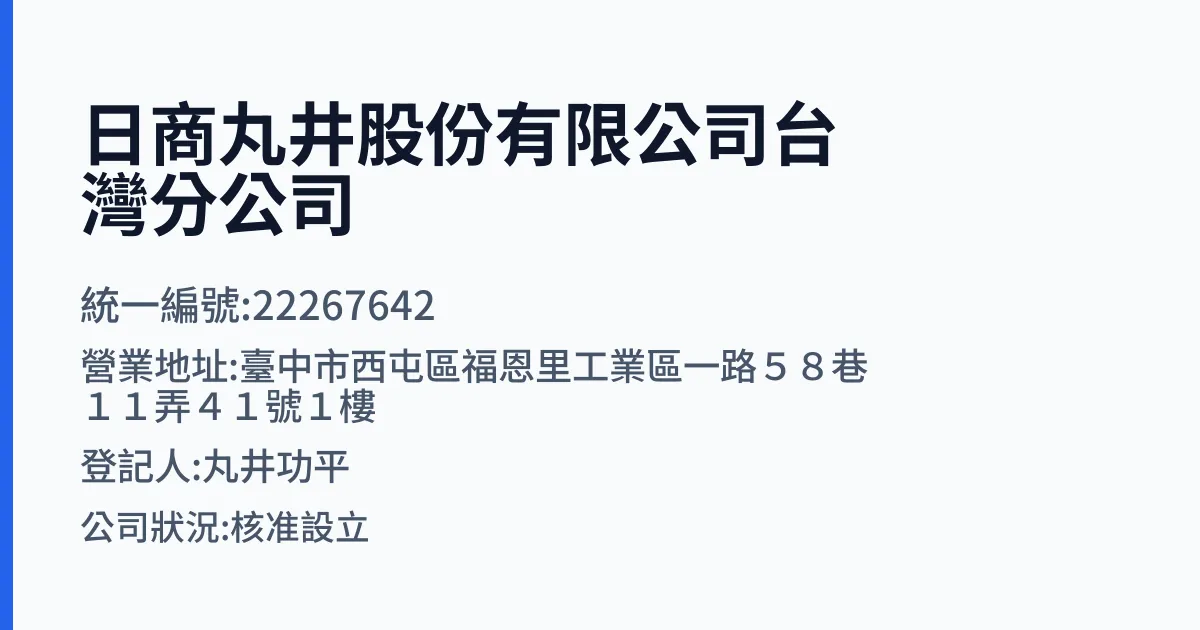 日商丸井股份有限公司台灣分公司 - 統編 22267642(臺中市) 公司登記資料與營業項目詳細圖表