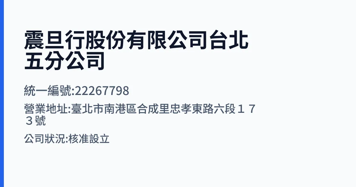 震旦行股份有限公司台北五分公司 - 統編 22267798(臺北市) 公司登記資料與營業項目詳細圖表