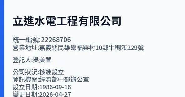立進水電工程有限公司的照片-統編 22268706(嘉義縣) 公司登記資料與營業項目詳細圖表