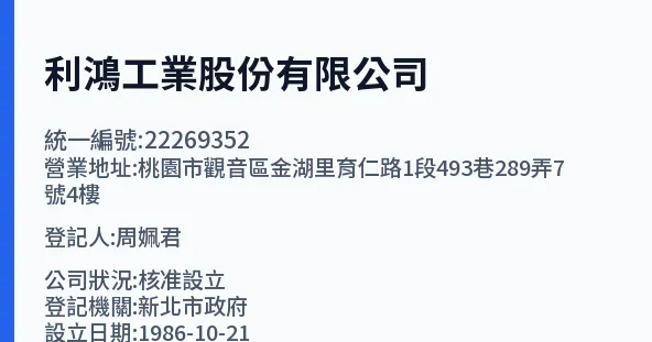 利鴻工業股份有限公司的照片-統編 22269352(桃園市) 公司登記資料與營業項目詳細圖表