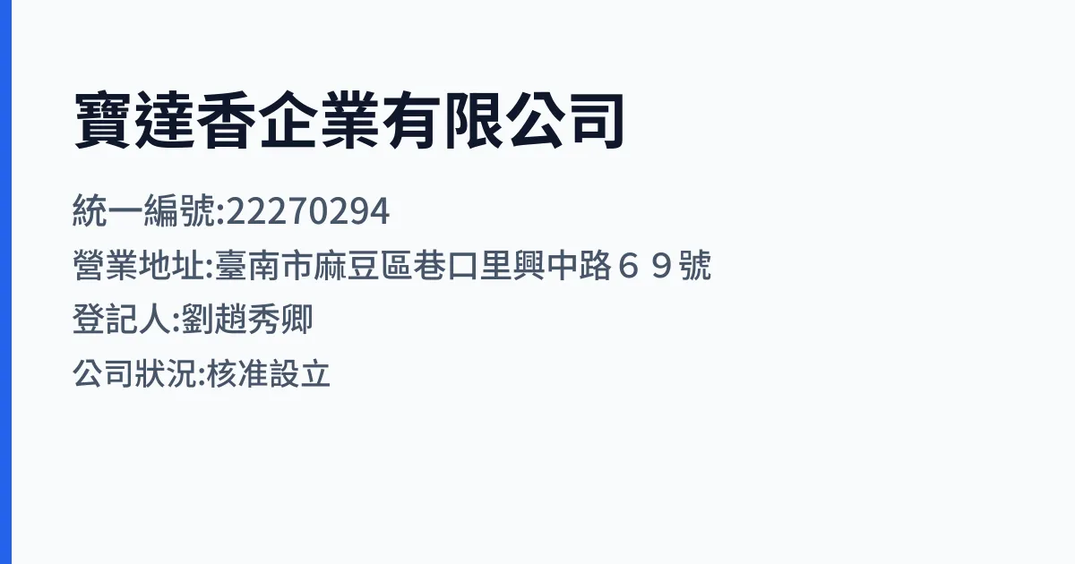 寶達香企業有限公司 - 統編 22270294(臺南市) 公司登記資料與營業項目詳細圖表