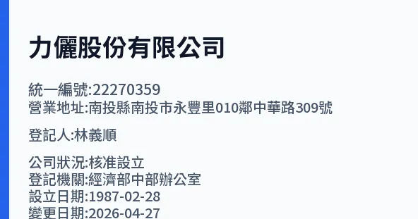 力儷股份有限公司的照片-統編 22270359(南投縣) 公司登記資料與營業項目詳細圖表