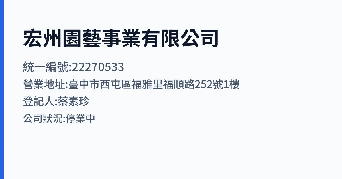 宏州園藝事業有限公司 - 統編 22270533(臺中市) 公司登記資料與營業項目詳細圖表