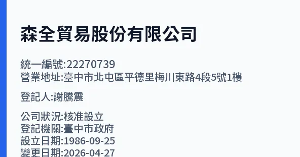 森全貿易股份有限公司的照片-統編 22270739(臺中市) 公司登記資料與營業項目詳細圖表