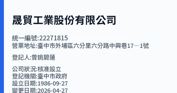 晟貿工業股份有限公司的照片-統編 22271815(臺中市) 公司登記資料與營業項目詳細圖表